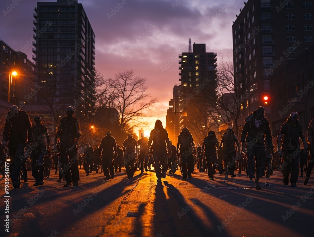 Horde of zombies shambling through a deserted urban street at twilight ...