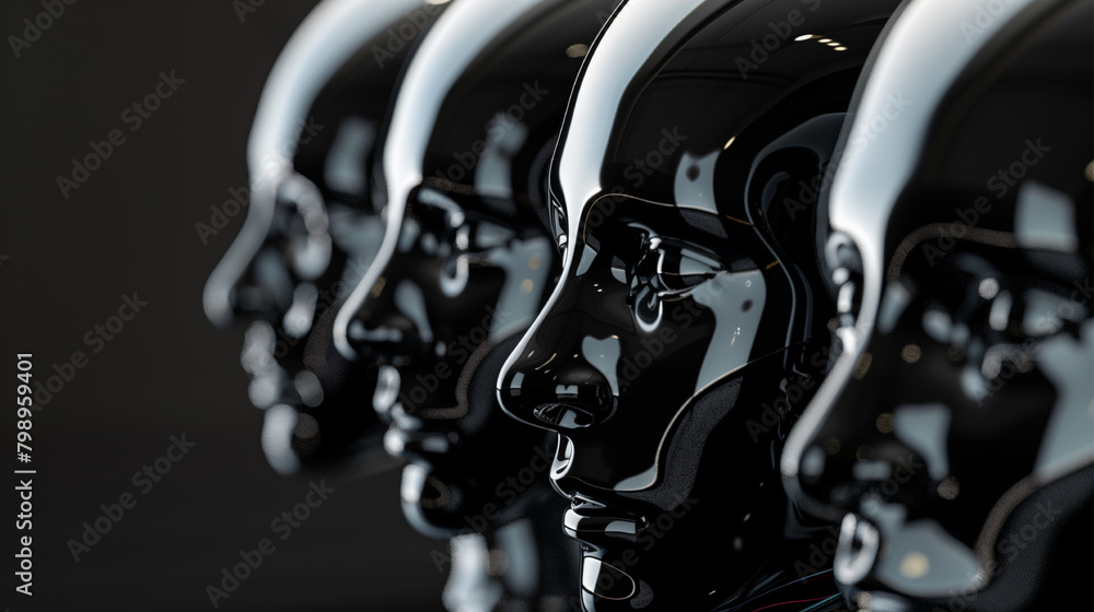 Photo Stock A row of black statues of people standing in a line. The ...