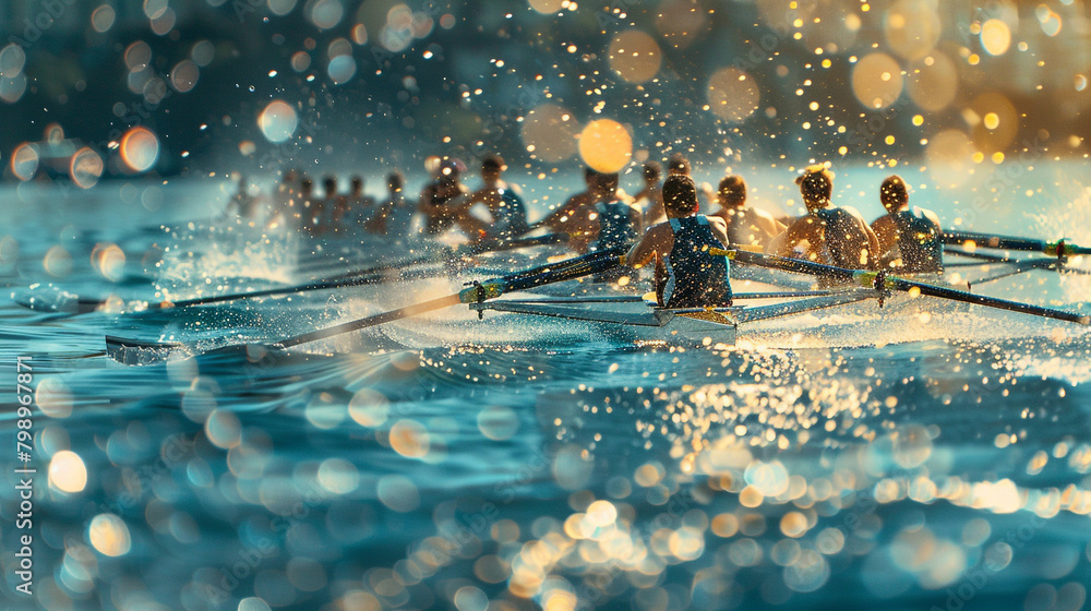 Rowing regatta with azure particles shimmering against a blurred ...