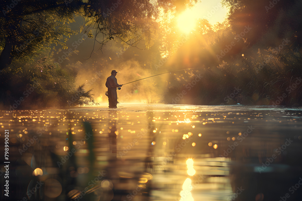 Early morning fishing on a tranquil river, the rising sun behind the ...