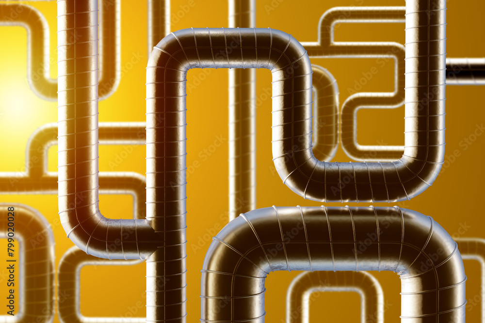 Background with pipes. Industrial pipeline. Tangled pipes on yellow ...