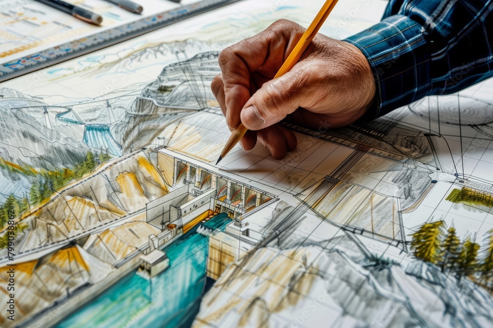 An engineer draws a detailed schematic of a hydroelectric dam, illustrating the powerful ...