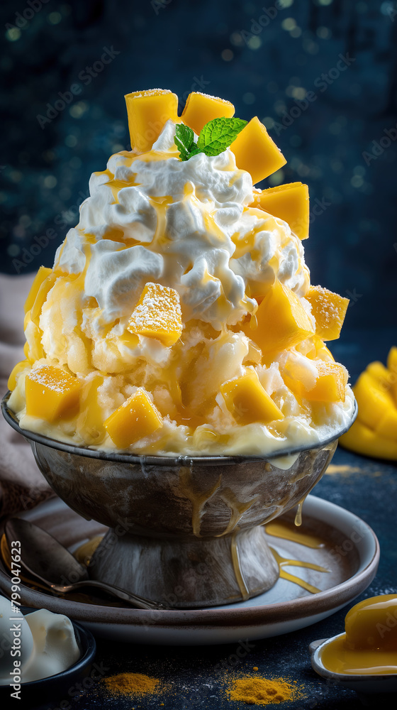 Mango bingsu with lots of white cream and many fresh mango slices on ...