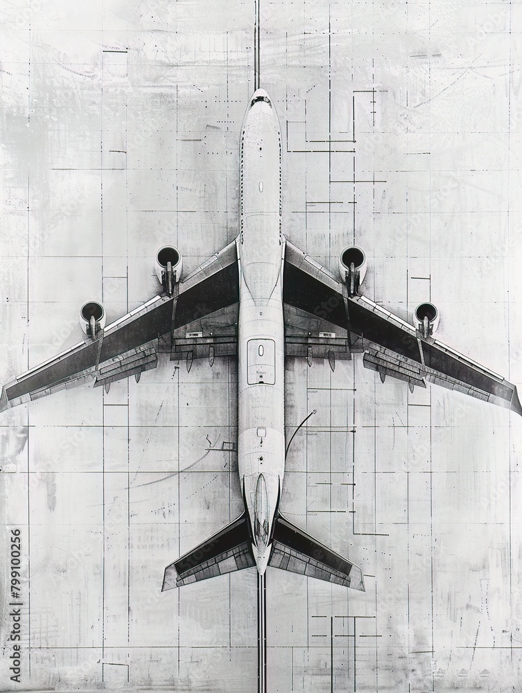 Airplane positioned for takeoff, stark lines and markings defining an ...