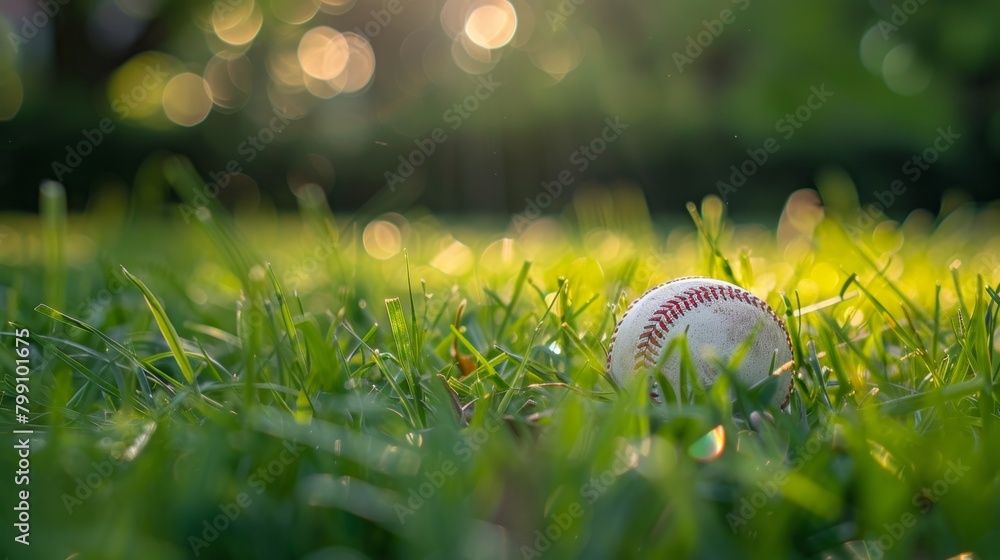 Baseball field, grass pitch, ball, sport, outdoor closeup. Competition ...