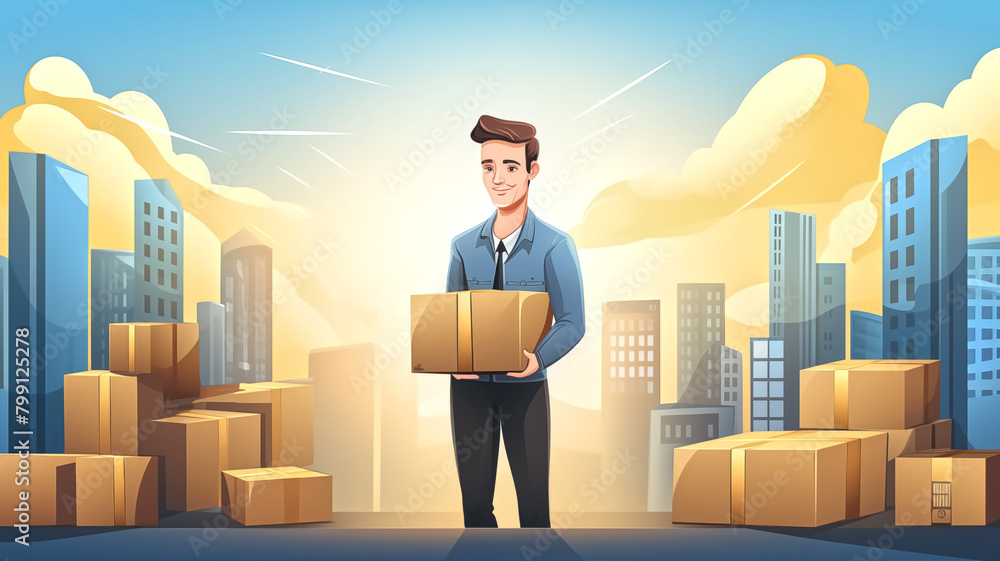 Animated delivery man smiling and holding a package with multiple ...