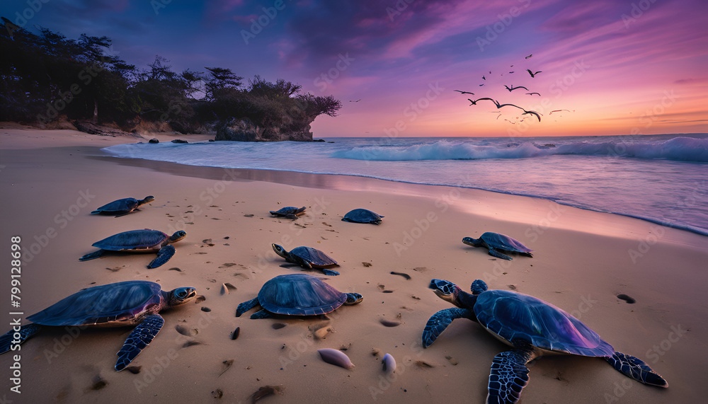 Turtle Journey: Baby Sea Turtles Racing to the Ocean at Dawn Generative ...