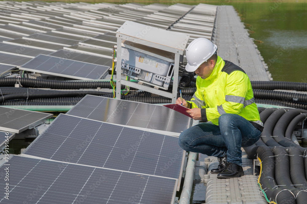 Engineer working at floating solar farm,checking and maintenance with ...