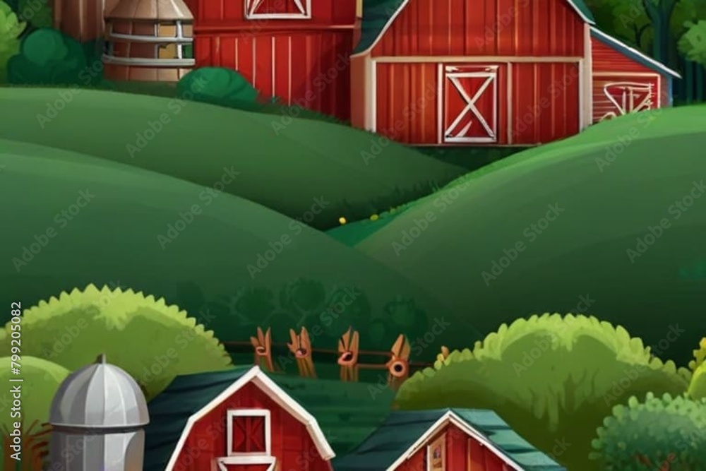 Farm cartoon style illustration background with barn and green nature ...