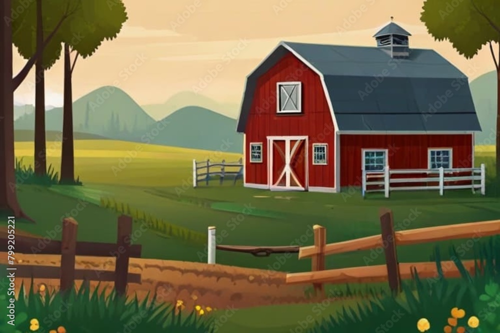 Farm cartoon style illustration background with barn and green nature ...