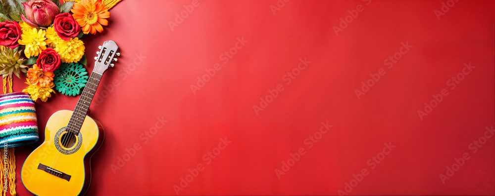 Flat lay banner with guitar, flowers, mexican papel picado, serape on ...