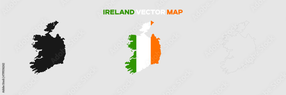 Ireland Map Vector Pack. Map with Flag. Gray Map Silhouette. Gray ...