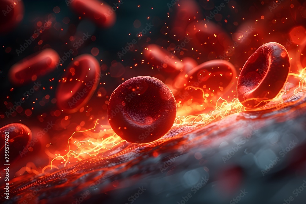 Close up de celulas de sangre dentro de la arteria con fibrina para la ...