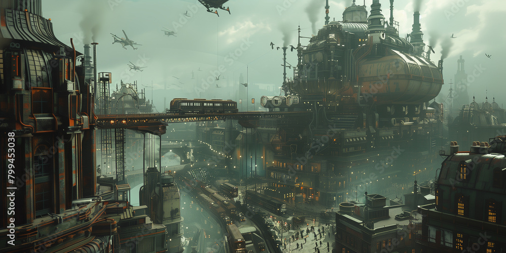 steam, punk, city, Victorian, industrial, retro-futuristic, gears ...