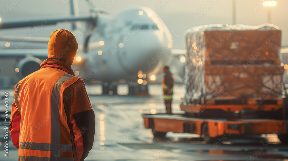 Close-up of a cargo airport worker coordinating with ground crew ...