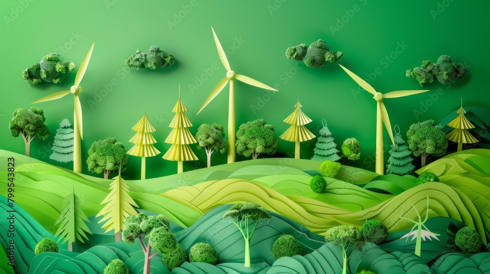 Ilustrace Paper art , renewable energy with green energy as wind ...