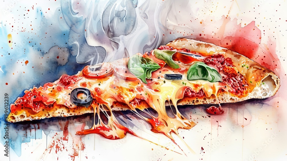 Watercolor of a steaming New York-style pizza slice, vivid colors ...