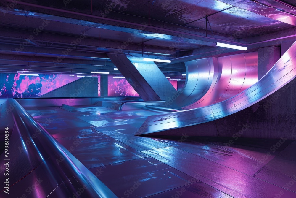 A retro-inspired skate park with neon lights and 80s-style ramps, where ...