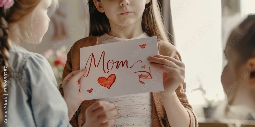 little girl giving a card with a drawn letters "Mom" and a heart, she ...