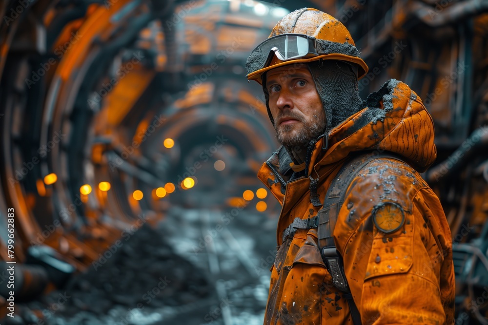 Reflective Miner Inspecting Underground Mine Corridor. Reflective miner ...