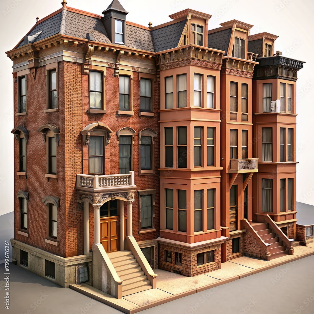 3D Render of a historic brownstone neighborhood with restored facades ...
