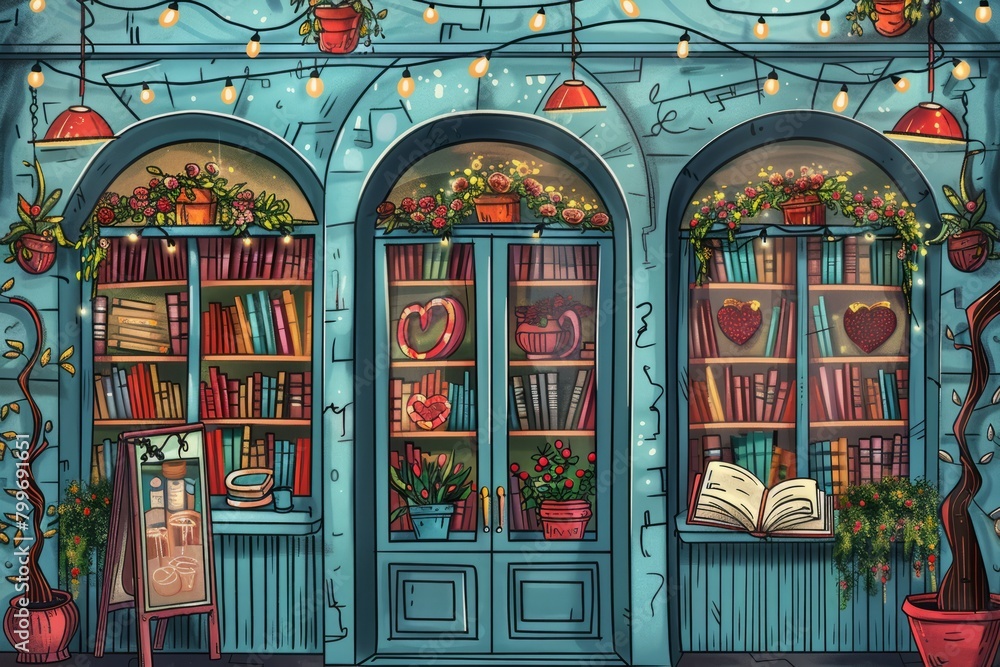 Cartoon cute doodles of a bookshop window display featuring charming ...