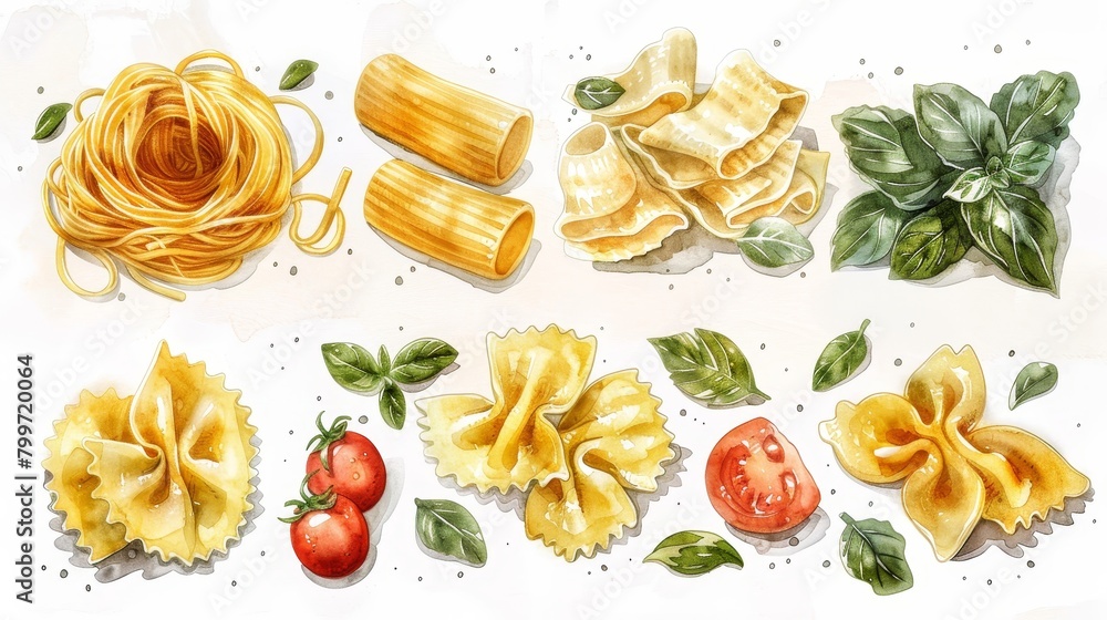 Create a series of watercolor clipart of different pasta shapes for an ...