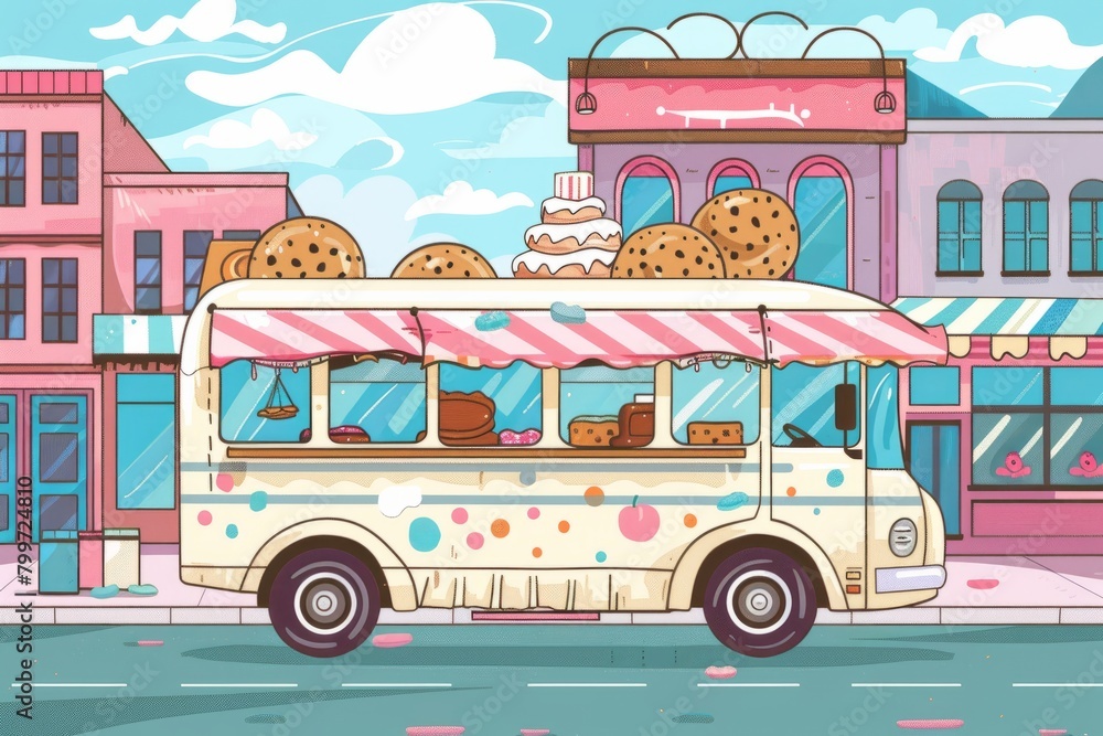 Cartoon cute doodles of a cookie bakery bus traveling around town ...