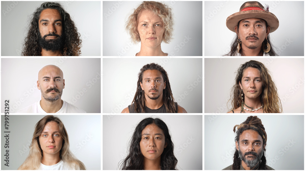 Many people look camera collage. 30s young adult man. 40s woman face ...