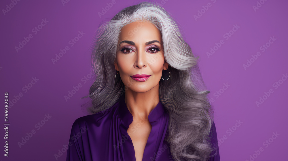 Elegant, elderly, chic latino, Spain woman with gray long hair and ...