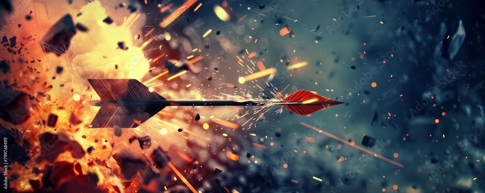 Experiment with different perspectives and angles to portray the explosive moment with an arrow ...