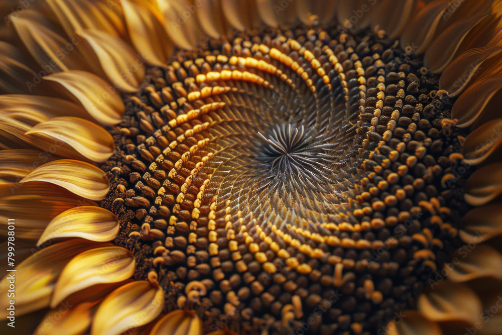 The intricate spiral patterns of sunflower seeds arranged in the center ...