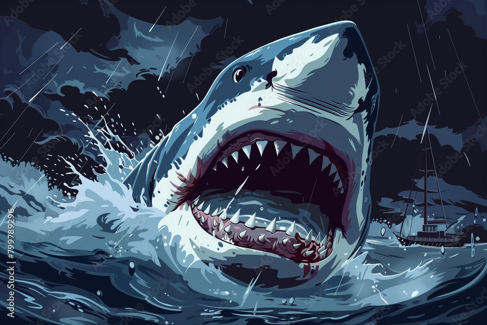 Angry Shark Attacking Boat Vector Illustration: Realistic Ocean Scene ...