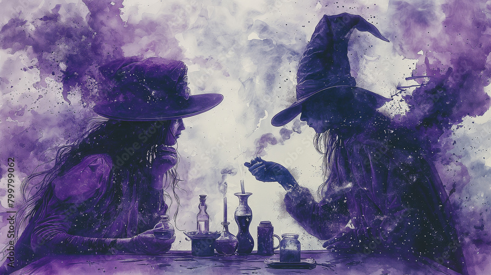 Mysterious watercolor encounter: plague doctor and witch. Watercolor ...