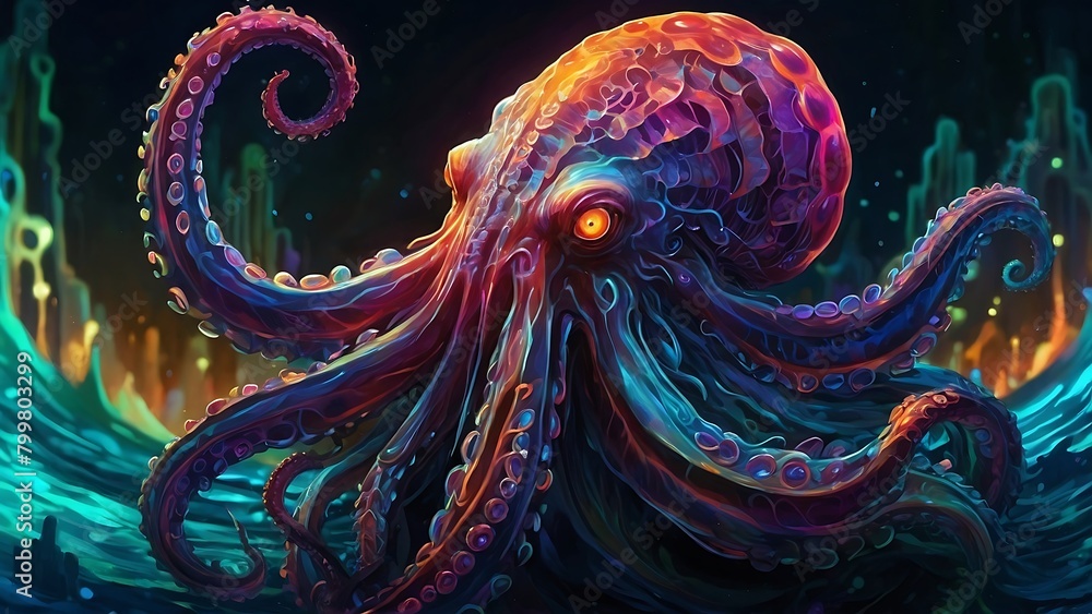 Colorful giant squid in the deep sea, a mysterious creature that has never been discovered ...