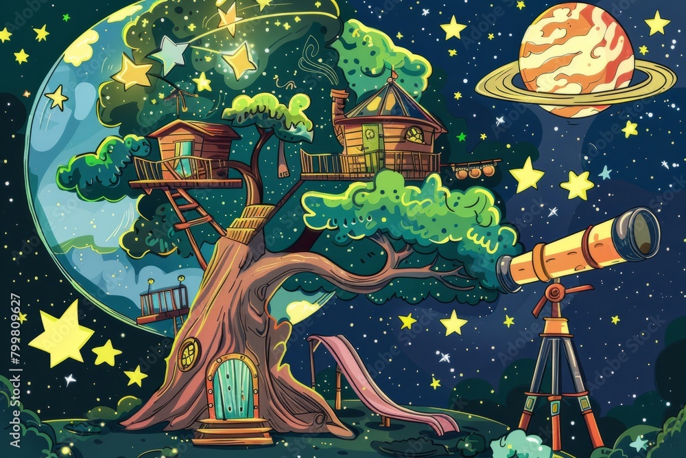 Cartoon cute doodles of a celestial treehouse hideout, floating among ...