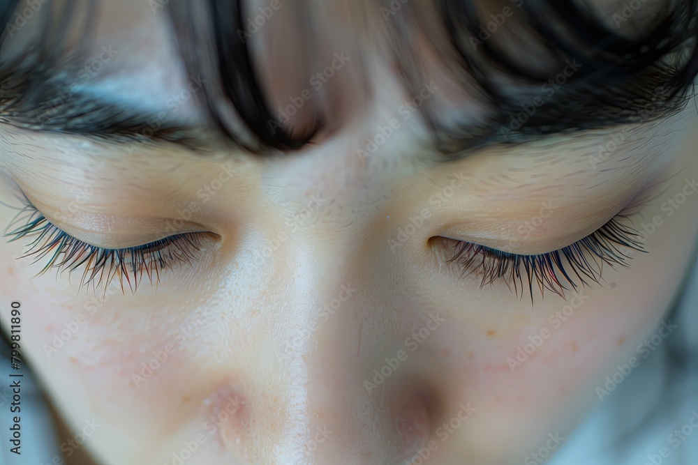 Youth. Smooth skin. Face of an Asian woman. Eyelashes. Eyebrows ...