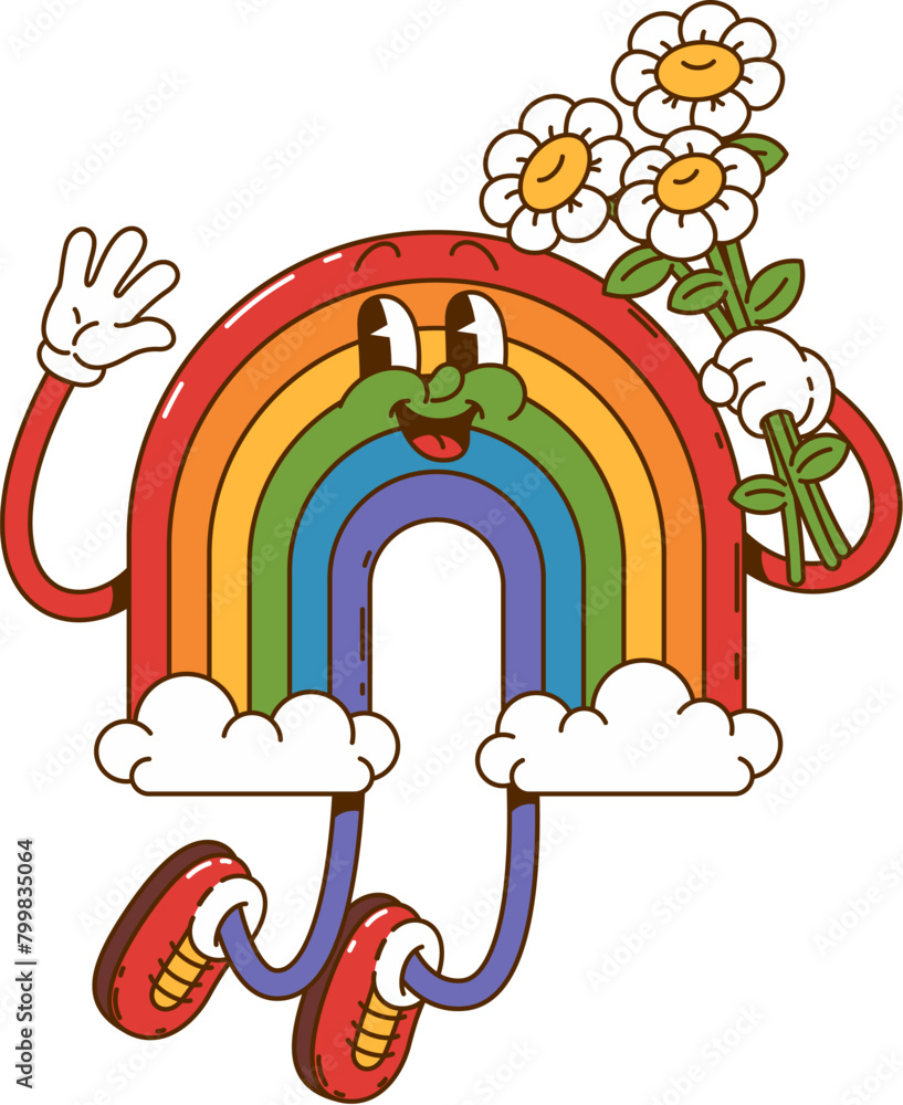 Cartoon retro groovy rainbow character. Cheerful rainbow personage ...