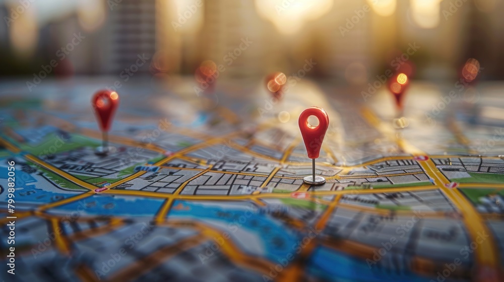 Detailed maps decorated with colorful pins showing starting points and ...