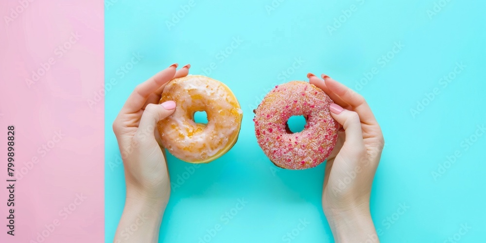 Female hands hold donuts on a blue background. Concept confectionery ...