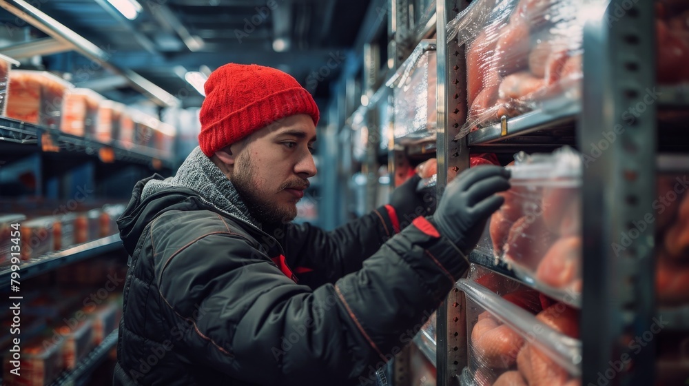 A worker loading frozen chicken products onto refrigerated trucks for ...