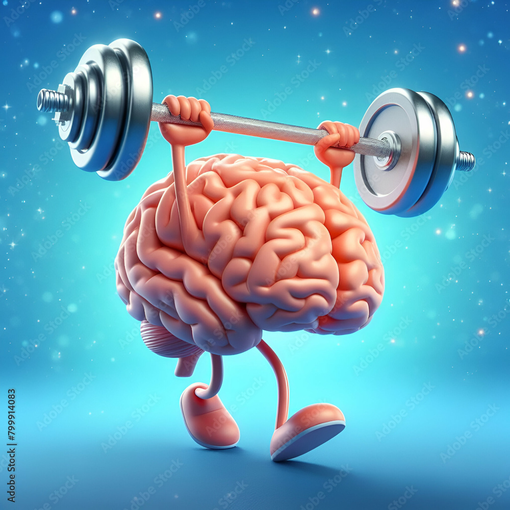 3D style human brain cartoon lifting weights. Mental, memory, brain ...