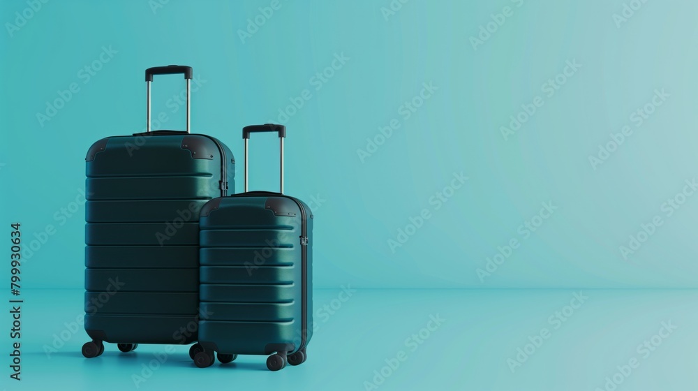 Three sizes of modern teal hard-shell suitcases with wheels and ...