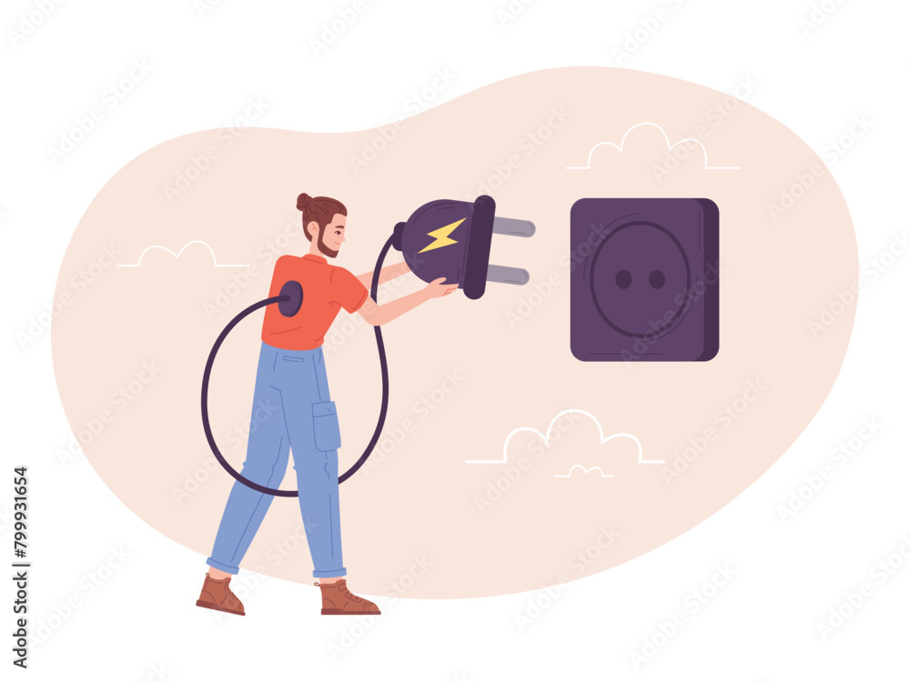 Recharge man concept. Tired worker charging energy electric plug before ...
