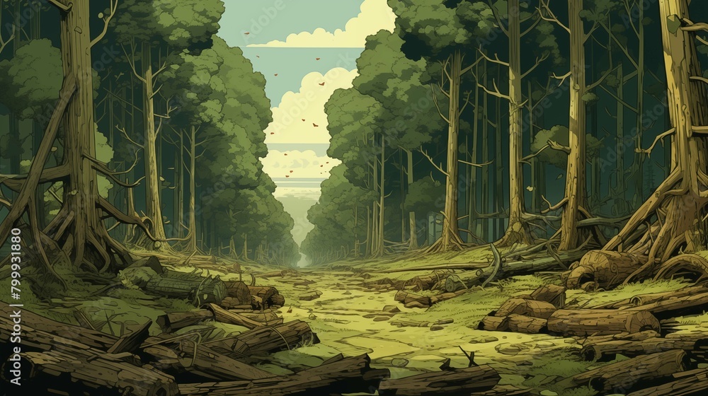 Wide forest path lined with fallen logs 2D cartoon illustration. Serene ...