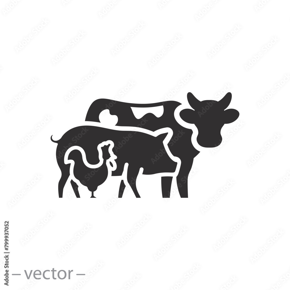 cow, pig and chicken icon, farm animals, group of pets, flat symbol on ...