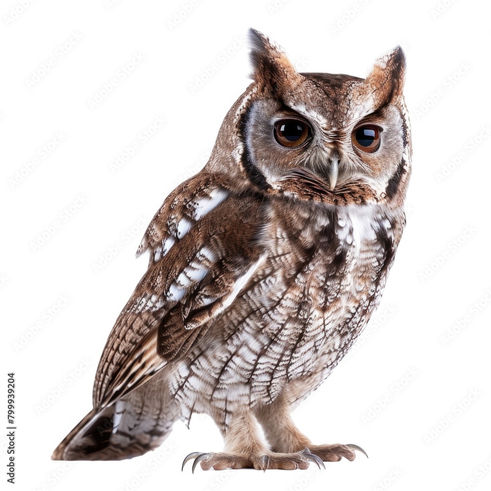 Eastern Screech Owl standing side view isolated on white background ...