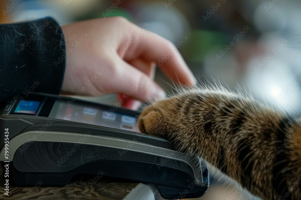 Cat paw on payment terminal with human hand, showing humorous pet ...