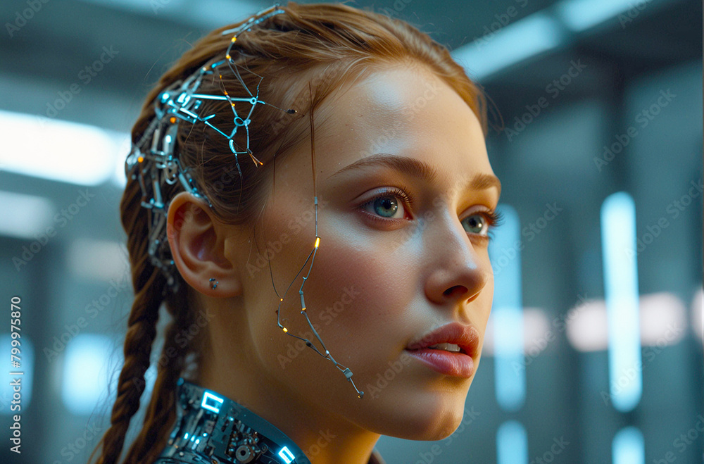 artificial intelligence robot, beautiful female humanoid robot, room ...