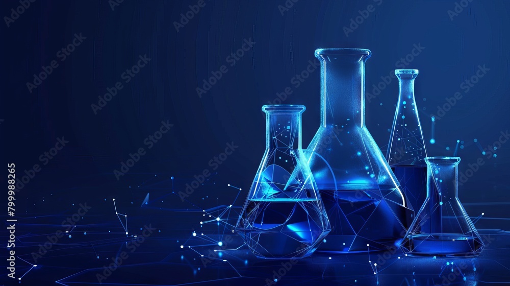 Glowing low polygonal beakers and petri dish creating a futuristic ...